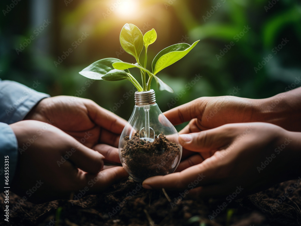 A green energy light bulb symbolizes renewable energy and a sustainable ...