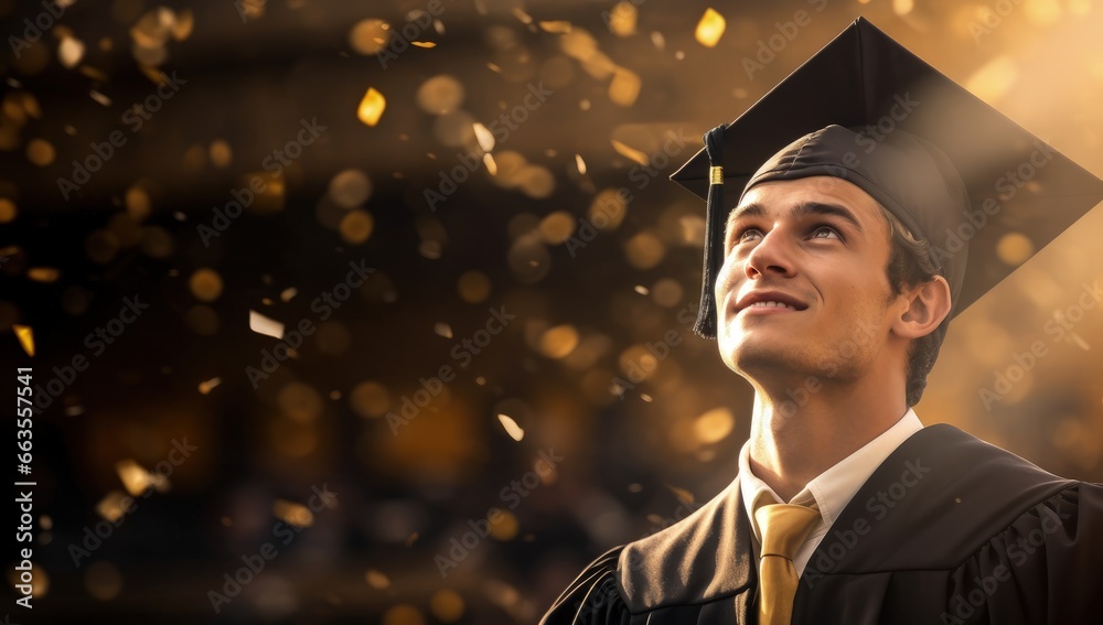 Boy in graduation clothes looking at background with defocused golden ...