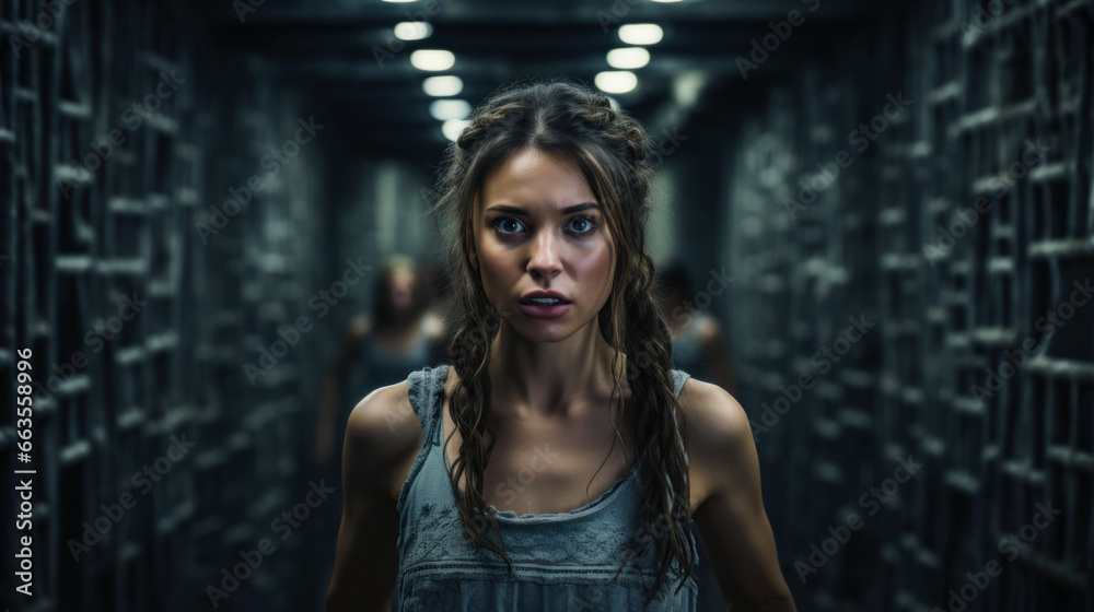 Scared girl with friends in gloomy spooky corridor, young woman lost in ...