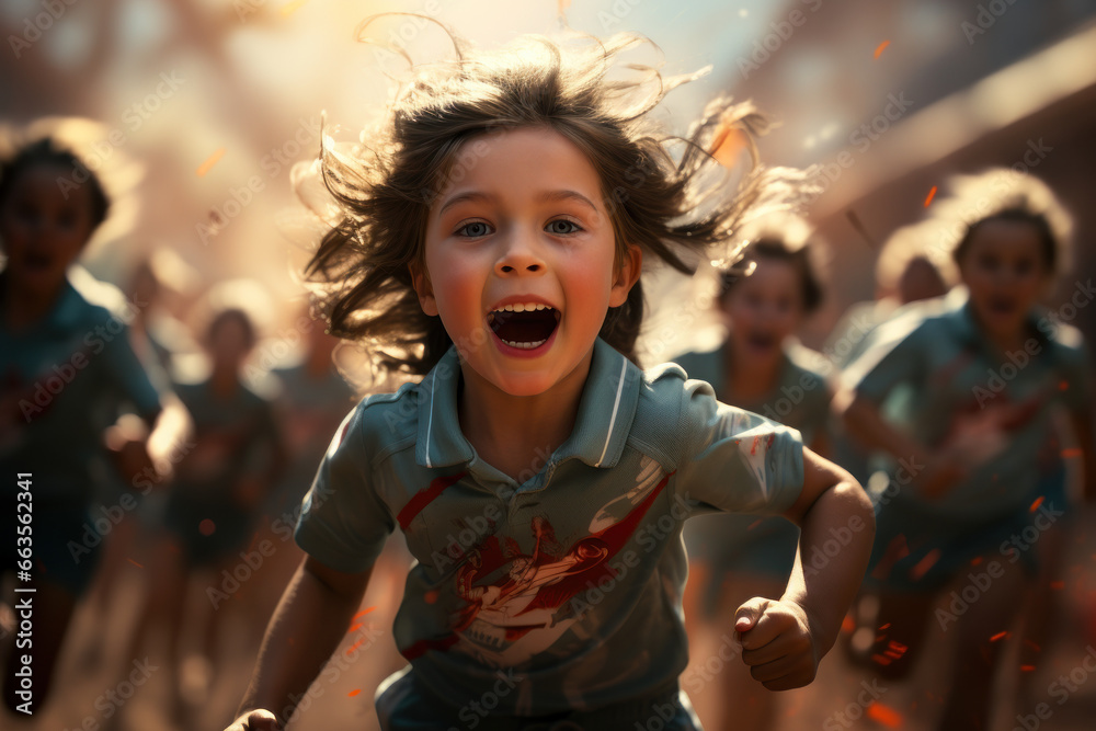 Kids participating in a relay race, baton in hand, striving for victory ...