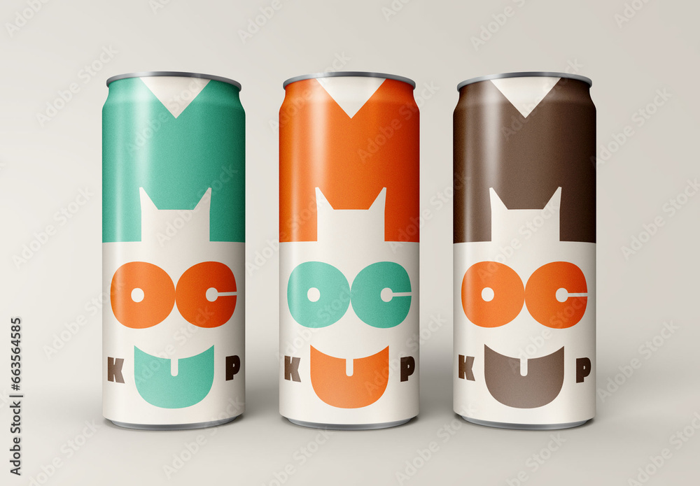 Triple Cartoon Soda Can Mockup – Colorful Pop-Style Beverage Layout ...