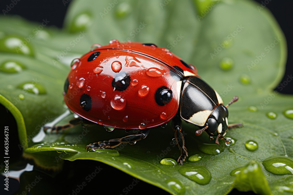 A ladybug with its red shell and black spots perched on a green leaf, a ...
