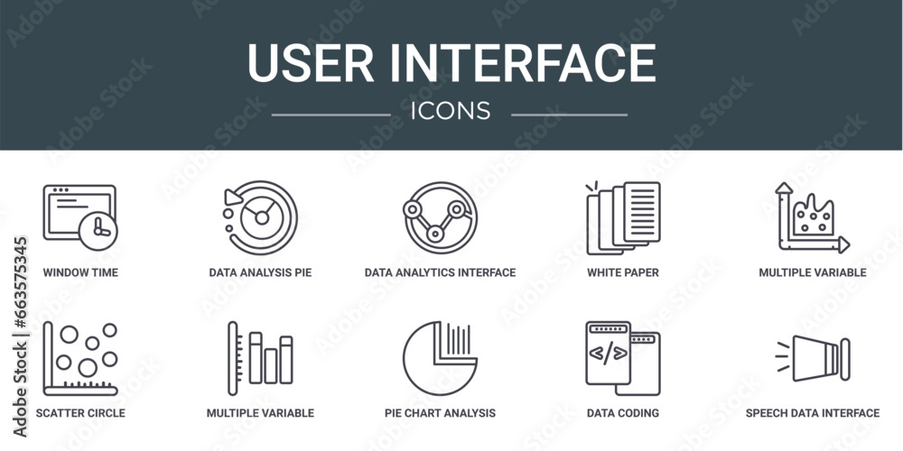 set of 10 outline web user interface icons such as window time, data analysis pie chart ...