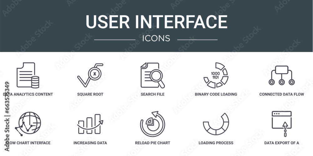 Vecteur Stock set of 10 outline web user interface icons such as data analytics content, square ...