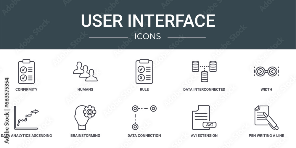 set of 10 outline web user interface icons such as confirmity, humans, rule, data interconnected ...