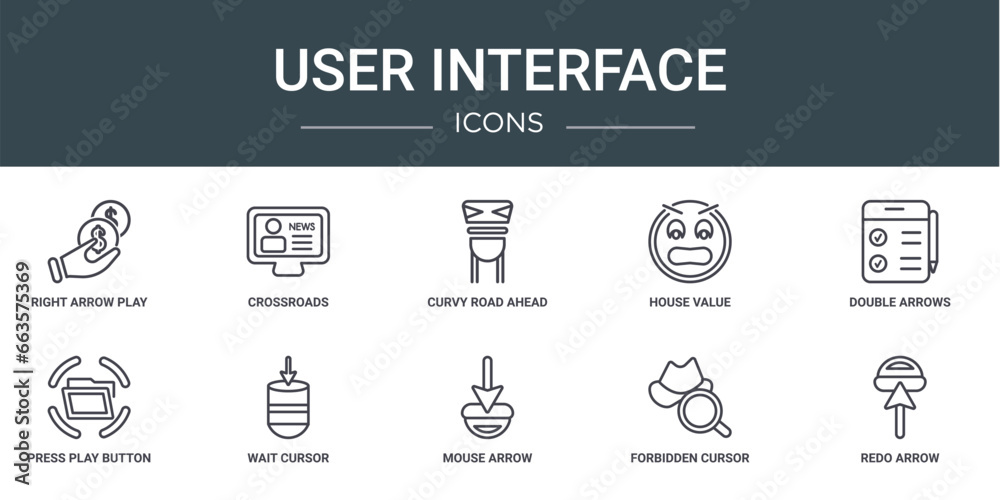 set of 10 outline web user interface icons such as right arrow play ...