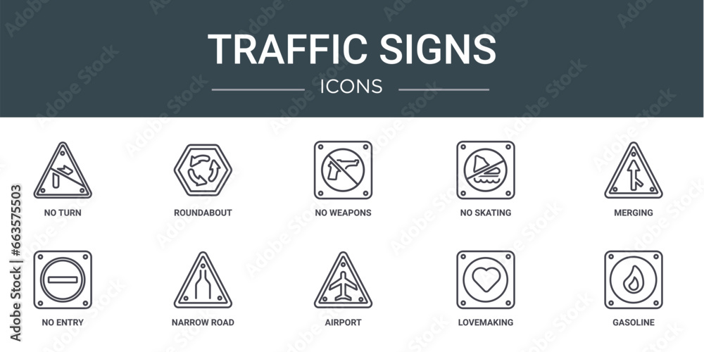 set of 10 outline web traffic signs icons such as no turn, roundabout ...