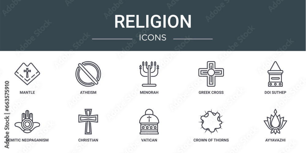 set of 10 outline web religion icons such as mantle, atheism, menorah ...