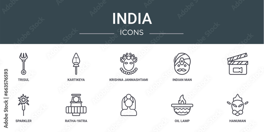 set of 10 outline web india icons such as trisul, kartikeya, krishna ...