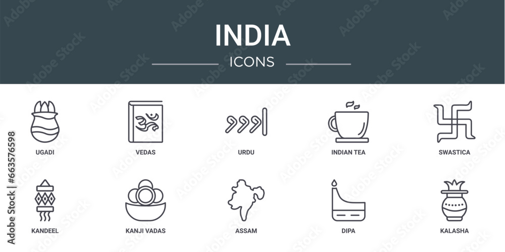 set of 10 outline web india icons such as ugadi, vedas, urdu, indian ...