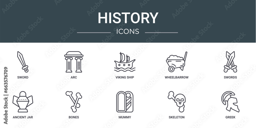 set of 10 outline web history icons such as sword, arc, viking ship ...