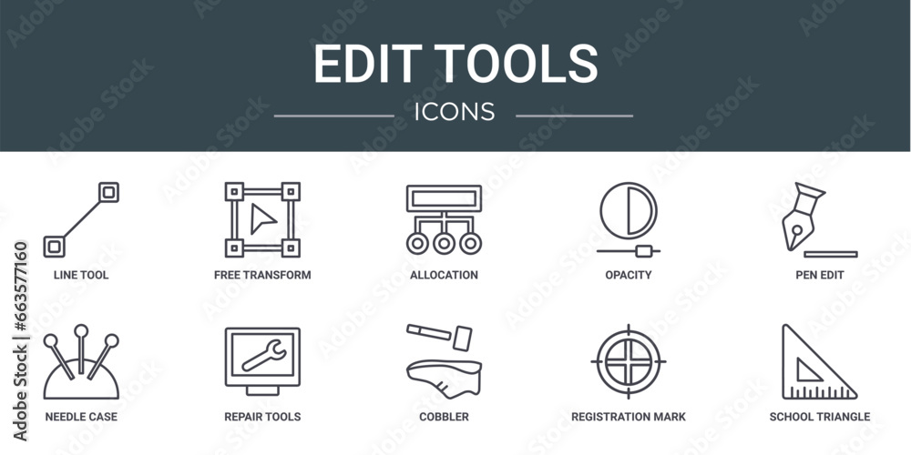 set of 10 outline web edit tools icons such as line tool, free ...