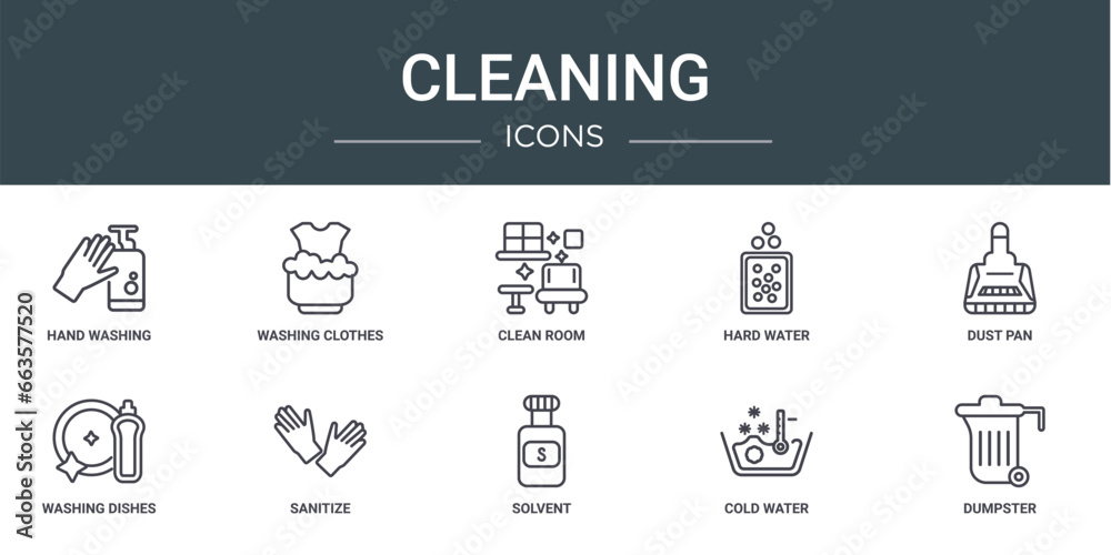 set of 10 outline web cleaning icons such as hand washing, washing ...