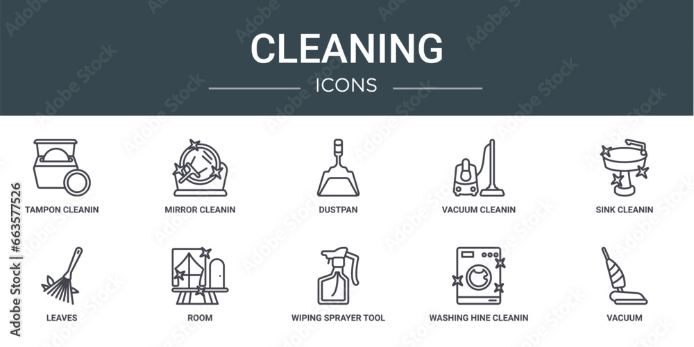 set of 10 outline web cleaning icons such as tampon cleanin, mirror ...