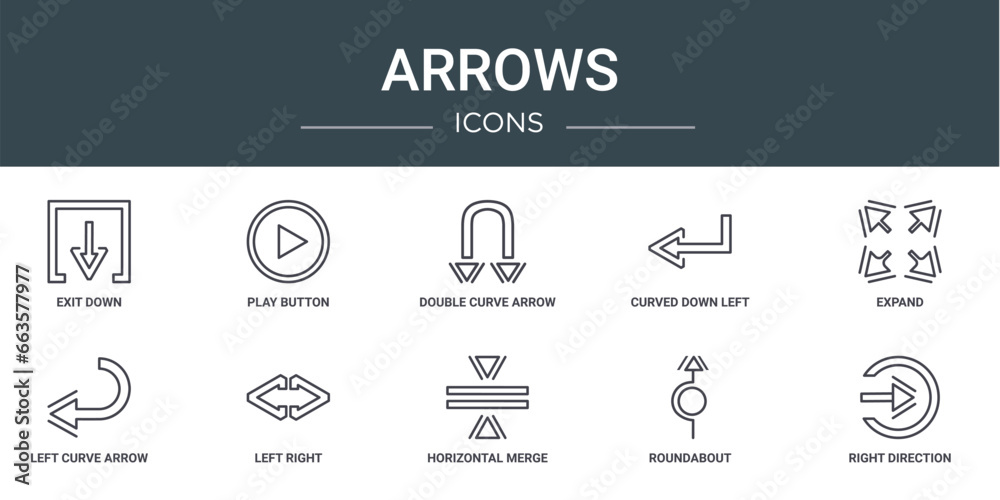 set of 10 outline web arrows icons such as exit down, play button, double curve arrow, curved ...