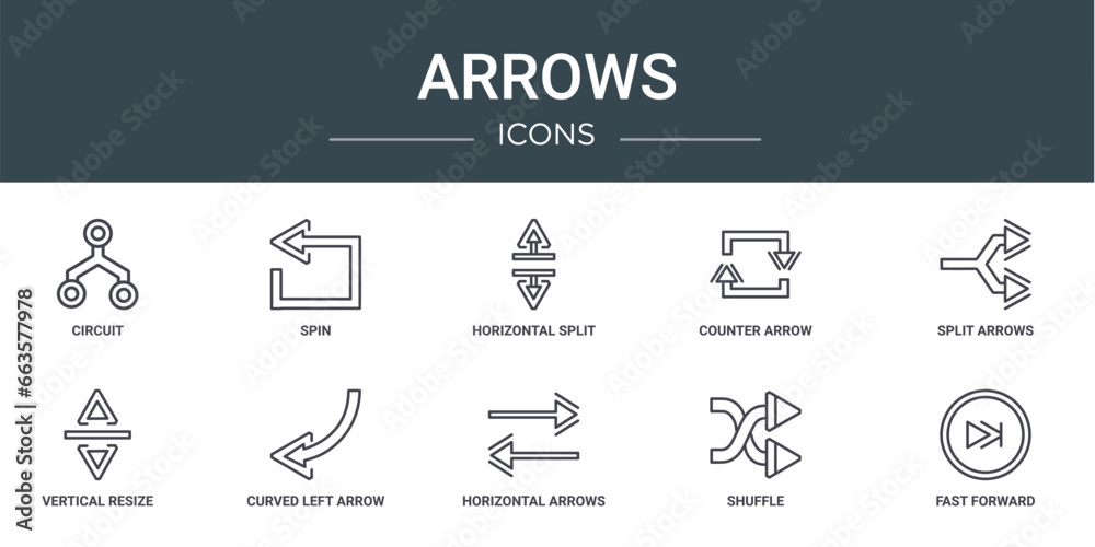 Vetor de set of 10 outline web arrows icons such as circuit, spin, horizontal split, counter ...