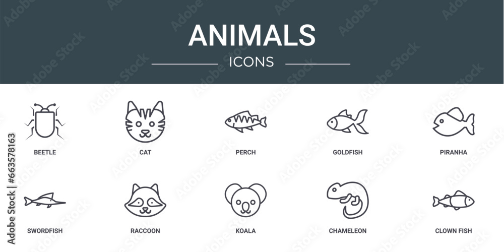 set of 10 outline web animals icons such as beetle, cat, perch ...