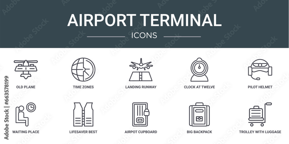 set of 10 outline web airport terminal icons such as old plane, time ...