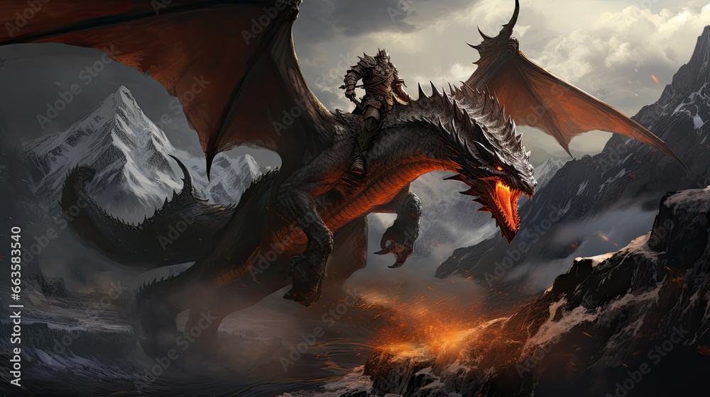 A brave knight riding a dragon into battle Fantasy concept ...