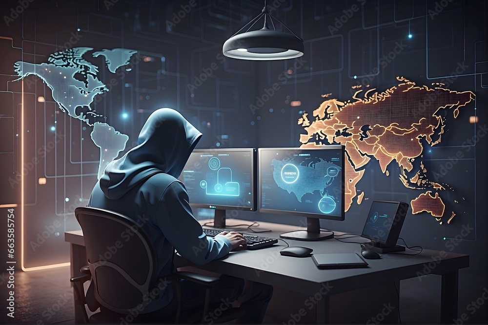 A Hacker Working At A Desk With Two Computer Screens World Map In