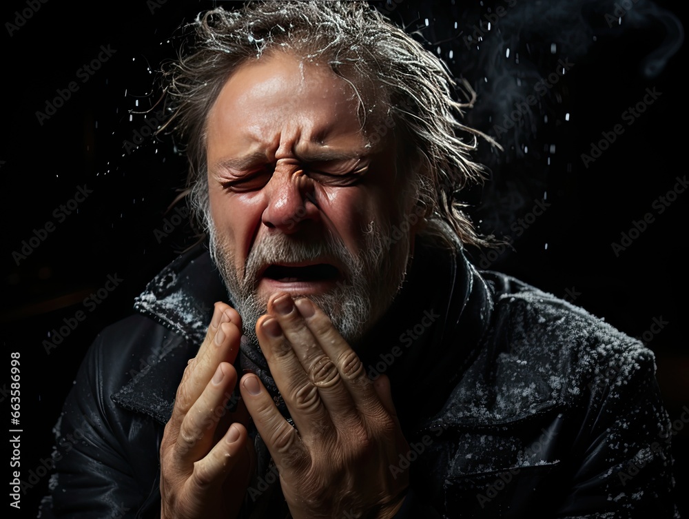 A deeply distressed older man, clutches his face in anguish. His gray ...