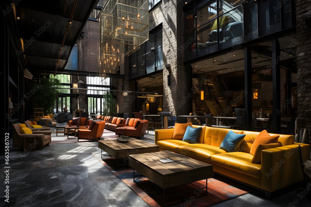 A trendy and vibrant city hotel lobby with exposed brick walls ...