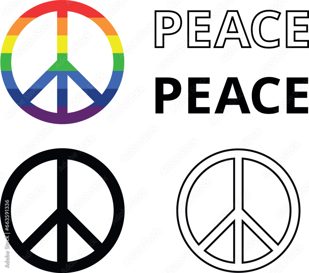 Icon set of peace signs logos with a text Peace. International symbol ...