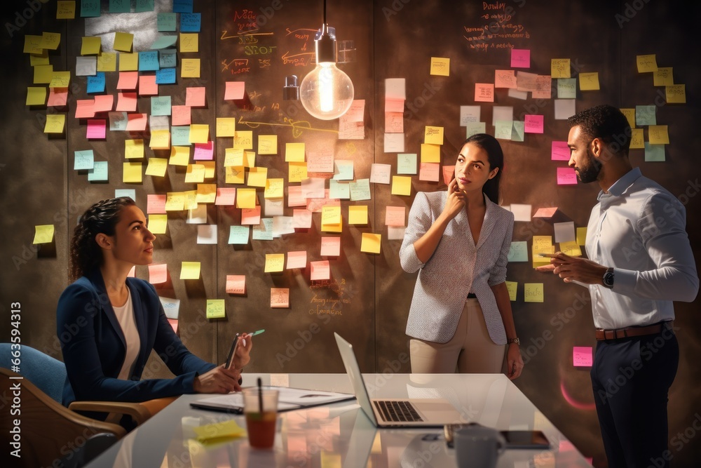 Office meeting with diverse group brainstorming, sticky notes and ...