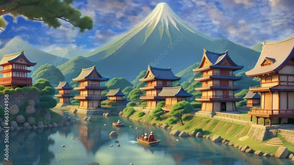 chinese temple in the morning, Cartoon or anime watercolor painting ...