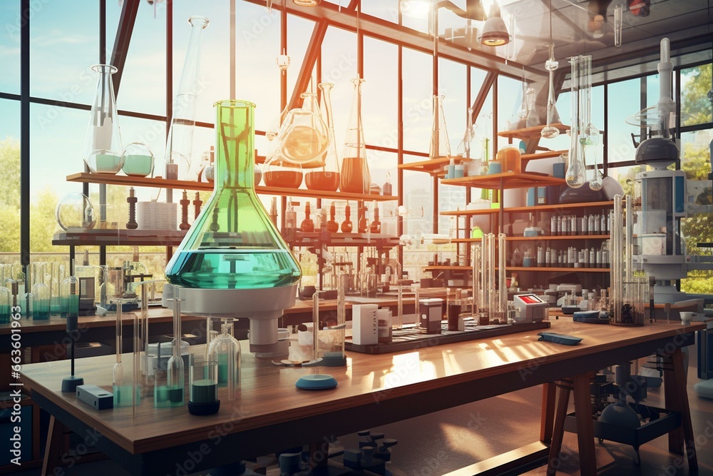 Image of science lab with microscopes and test tubes. Generative AI ...