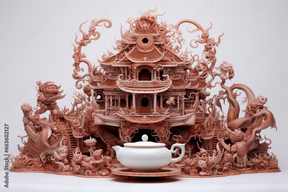 Intricate sculpture of a unique Thai tea palace adorned with a teapot ...