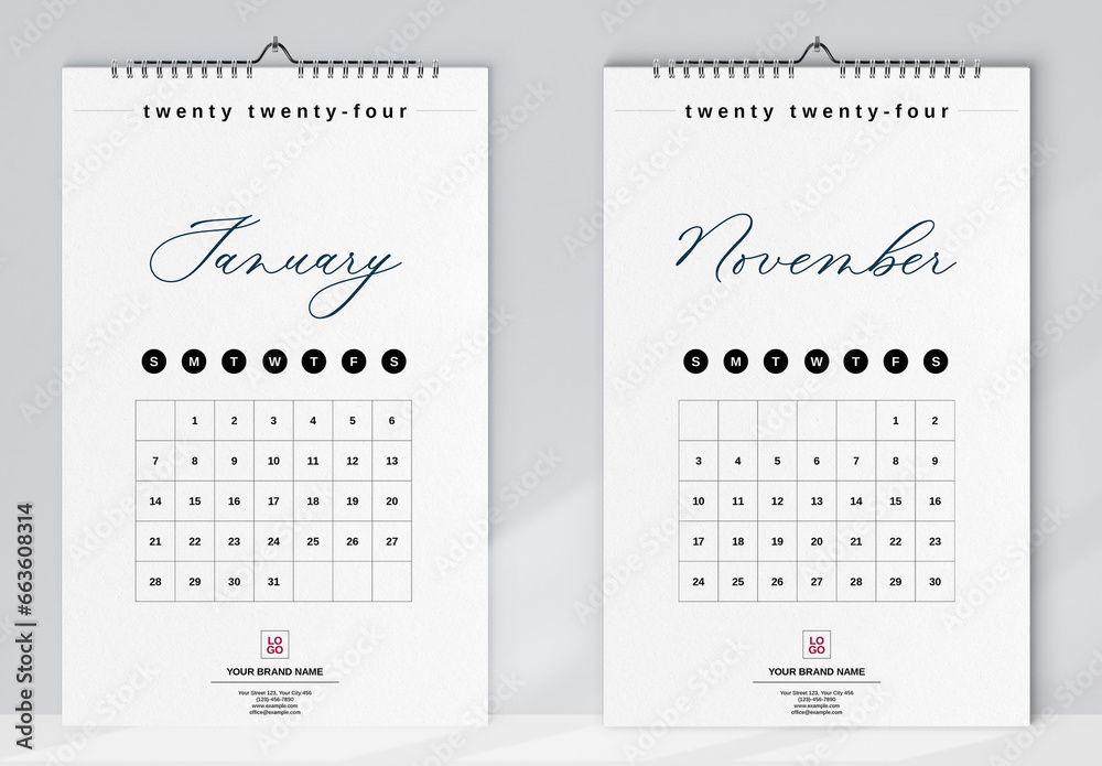 Handwritten Font Wall Calendar 2024 Layout Stock Template | Adobe Stock