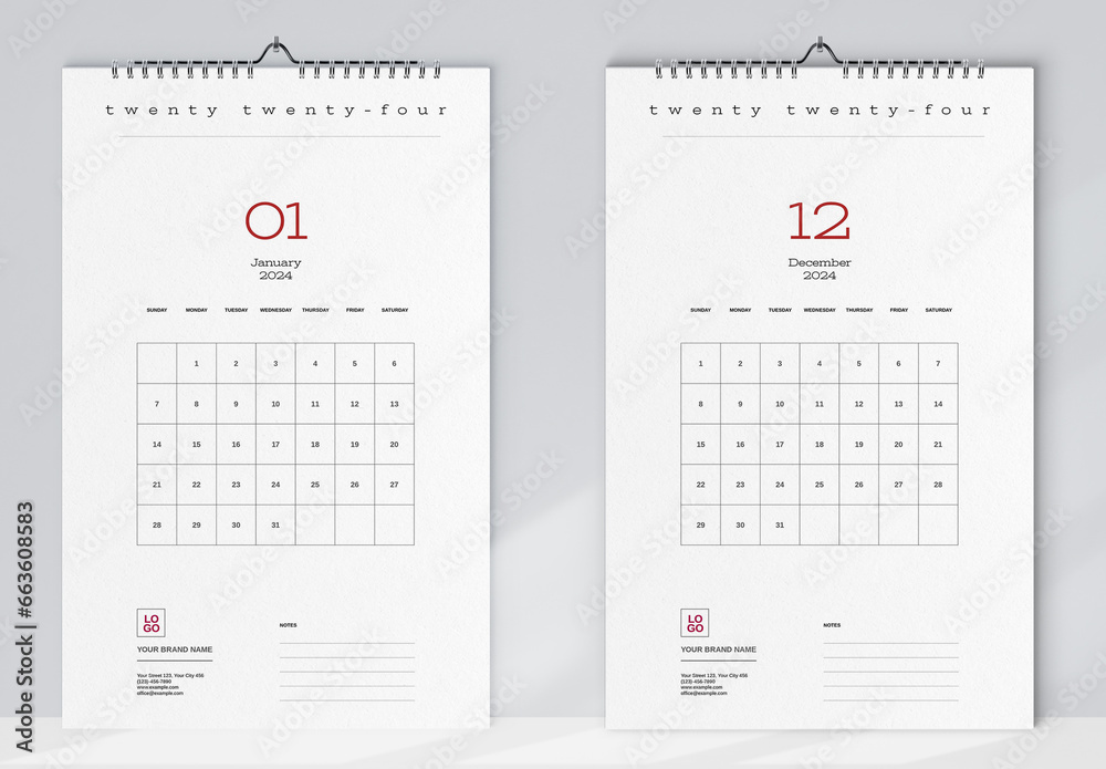 Minimal Elegant Wall Calendar 2024 Layout Stock Template | Adobe Stock
