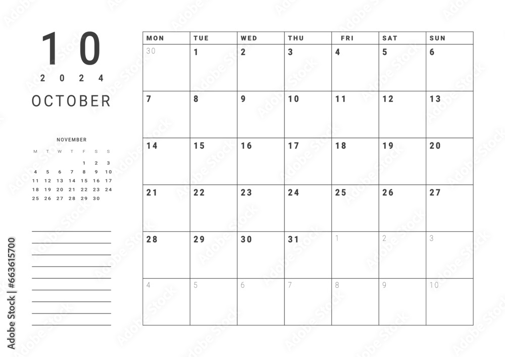 Monthly page Calendar Planner Templates of October 2024 with note ...