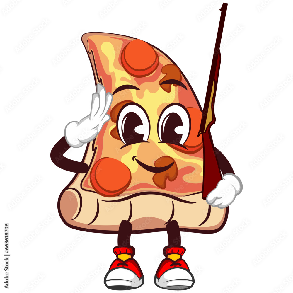 Cute slice of pizza character with funny face mascot saluting with ...