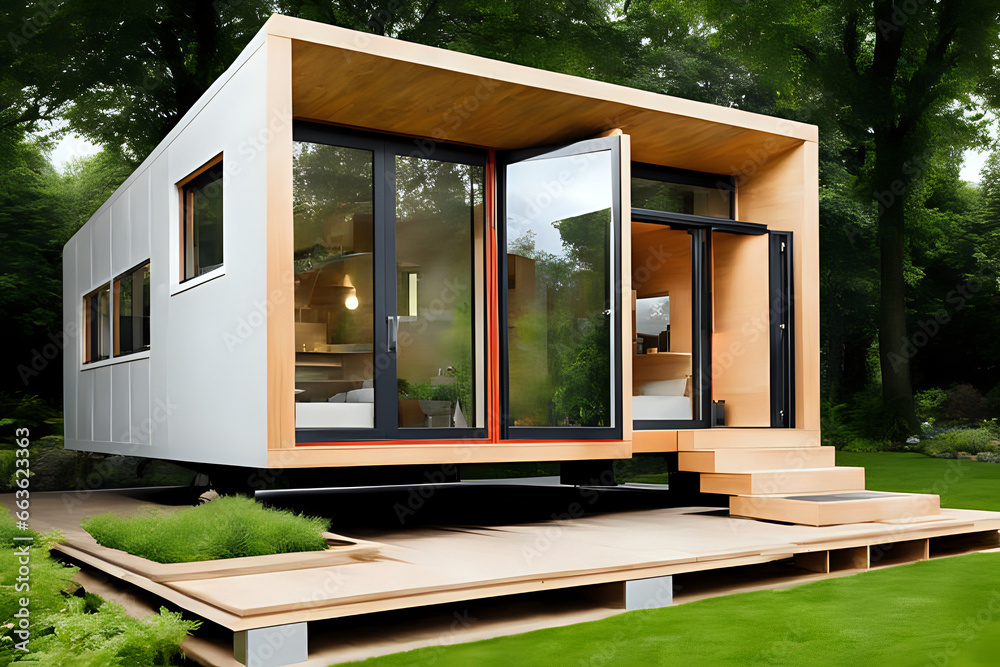 Modular tiny houses of modern architecture with garden and stairs. Low ...