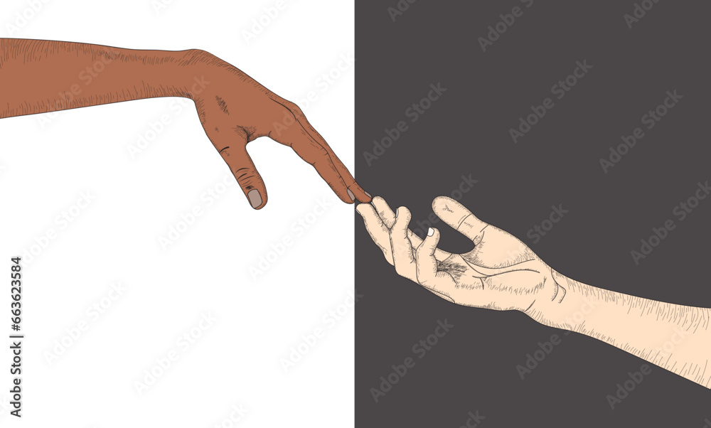 black man and white man hands touching each other sketch, two hand ...