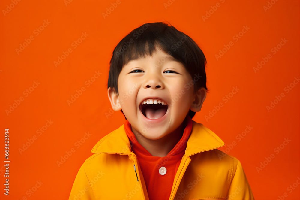 Happy asian children laughing/smiling, orange background, warm color ...