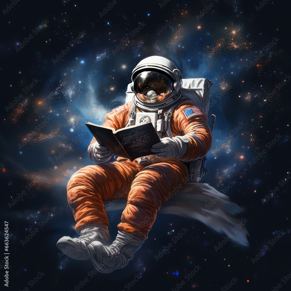 Illustration of an astronaut reading a book in space, children's ...
