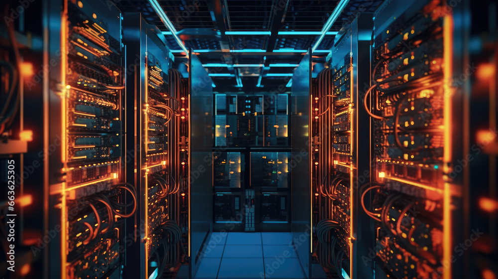 Close up photo of networking cable management in a bustling data center ...