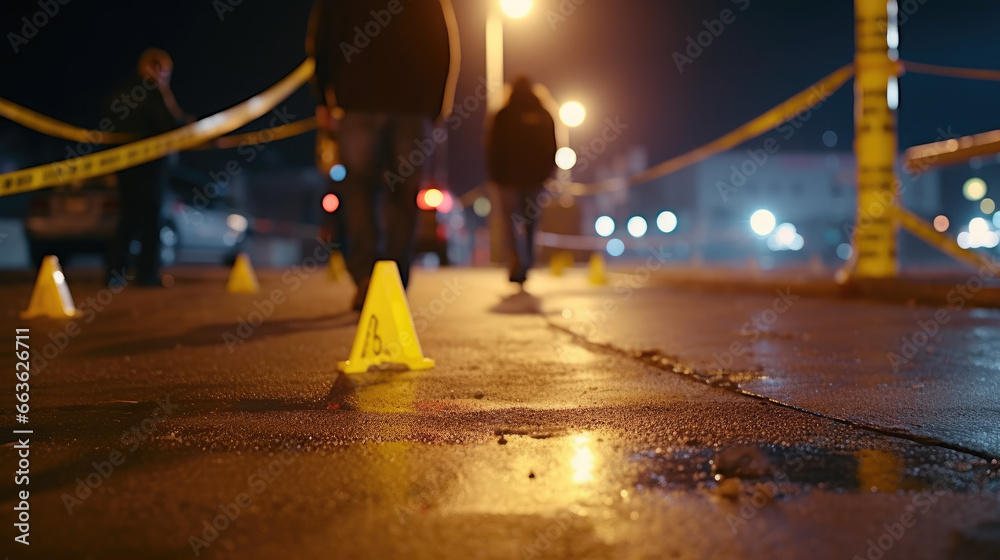 Close-up of at crime scene ground markings that investigators use to ...