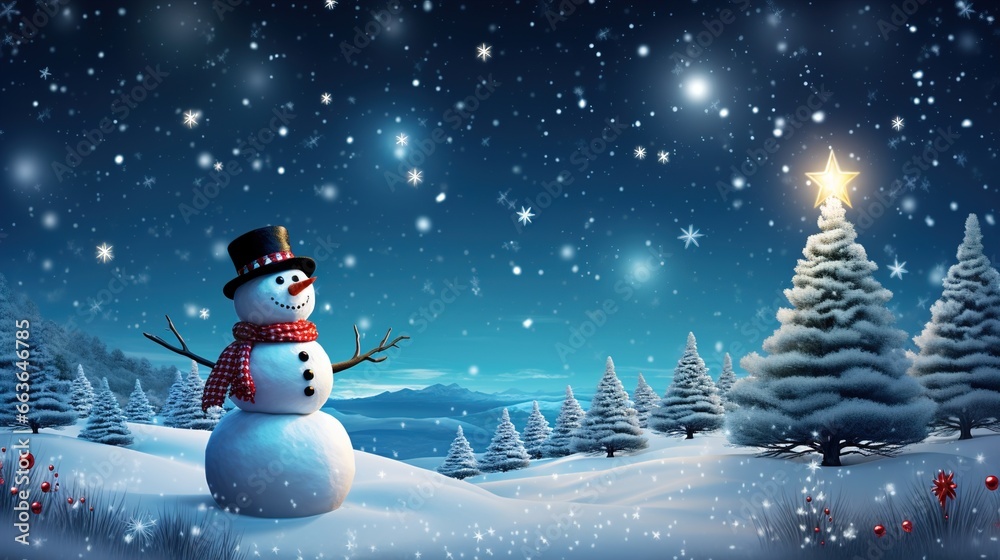 Christmas snowman with glowing trees and ornaments in a serene winter ...