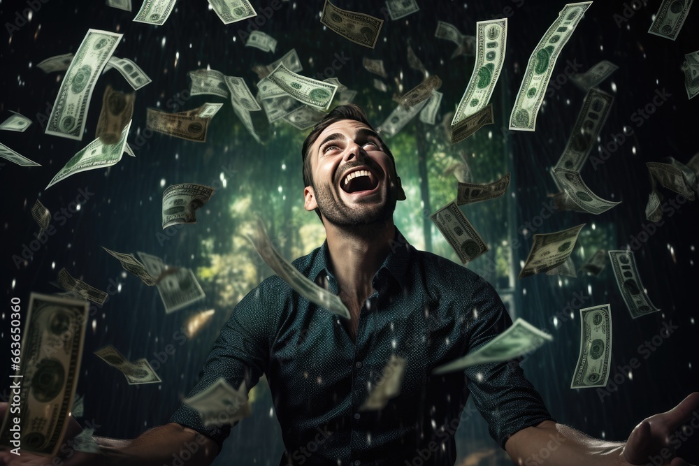 Successful man standing under money rain. A lot of dollar banknotes ...
