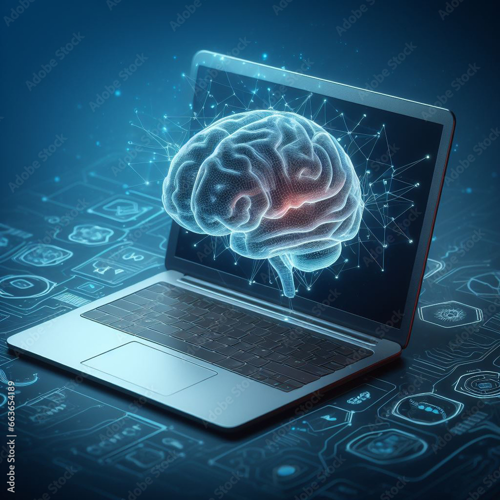 A realistic rendering of a human brain on a laptop, a symbol of ...