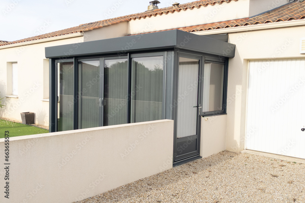 veranda glazed gallery grey against house modern facade entrance room ...