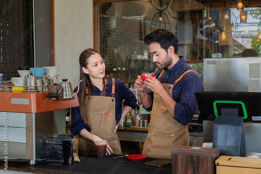 Multicultural couple startup small business bakery cafe restaurant ...