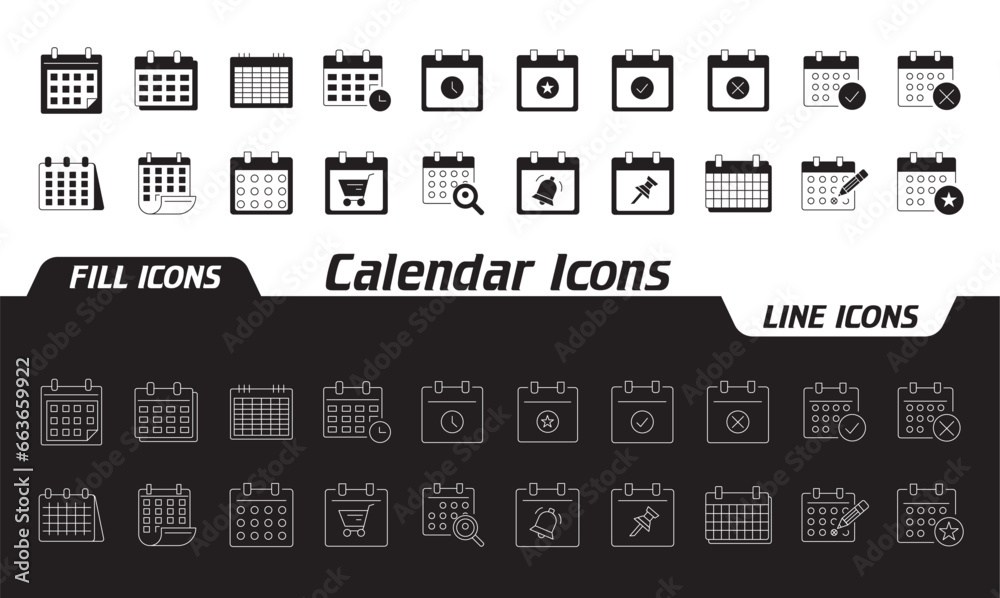 Set of calendar symbols in line style. Calendar vector icons. Simple ...