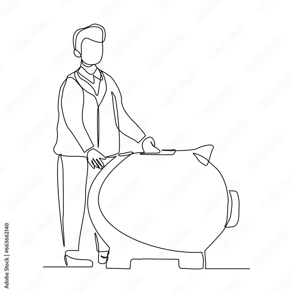 Continuous single line sketch drawing of business man save coin in ...