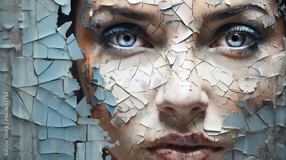 Shattered Resilience: Woman's Face with Broken Pieces and Cracked ...
