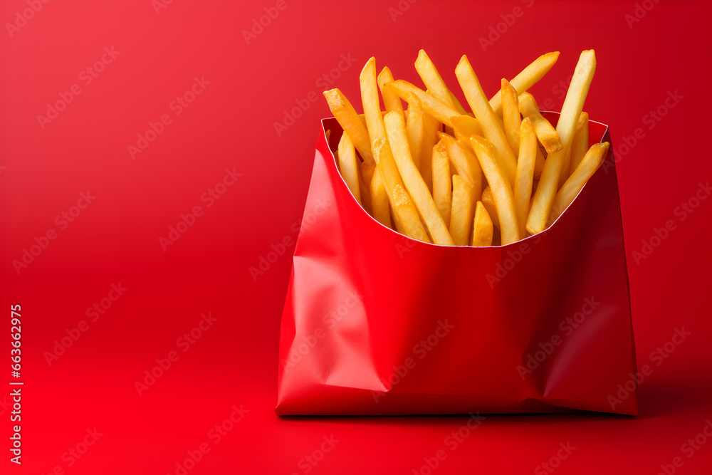 Stylish red bag overflowing with golden, crispy French fries. In this ...